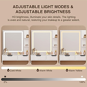 Aiho Makeup Vanity Desk with Mirror and Lights, 43.5" Vanity Table with 5 Drawers & Storage Shelves, Adjustable Brightness & 3 LED Light Modes - Dressing Table Set for Bedroom, White