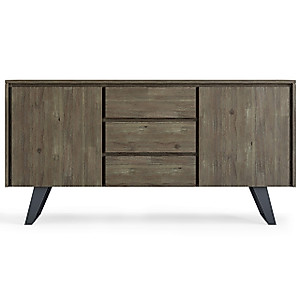 SIMPLIHOME Lowry SOLID ACACIA WOOD and Metal 60 Inch Wide Rectangle Modern Industrial Sideboard Buffet in Distressed Grey, For the Dining Room and Kitchen