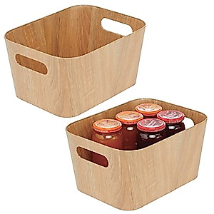 mDesign Wood Print Food Bin Box with Handles - Rustic Basket for Kitchen and Pantry Vegetable and Potato Storage - Perfect for Garlic, Onions, Fruit, and More - 12" Long - 2 Pack - Natural