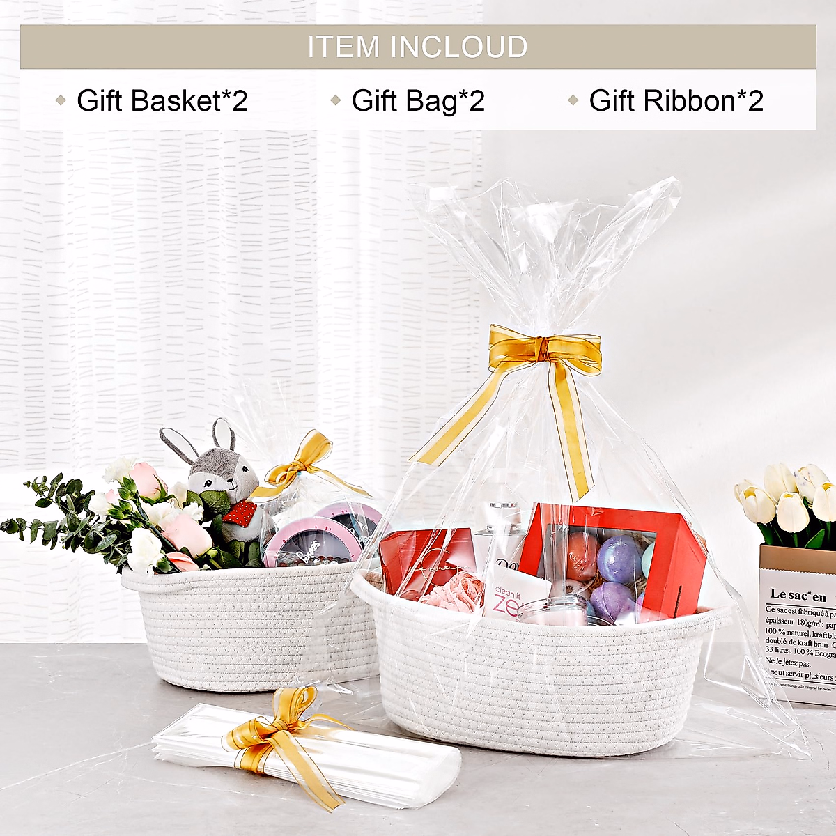 2 Pack Small Woven Basket with Gift Bags and Ribbons, Empty Decorative Gift Chest Box, Cute Baby Gift Basket for Nursery, Cotton Rope Room Shelf Storage Basket with Handles, All 12"x 8"x 5",White
