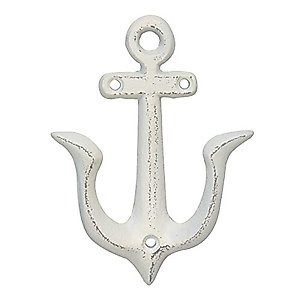 Stonebriar Antique Worn White Cast Iron Anchor Double Wall Hook, Rustic Nautical Design