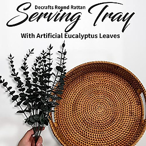 Rattan Tray, Wicker Tray, Rattan Decor, Round Tray, Serving Tray, Decorative Tray, Ottoman Tray, Coffee Table Tray, Includes Eucalyptus Leaves with Stems of 18",Wooden Tray (11.8" x 2.4 ")