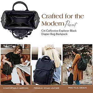 Citi Collective Explorer Black Diaper Bag Backpack - Vegan Leather Diaper Bag with Shoulder Strap, Insulated Bottle Pockets, Changing Pad, Stroller Clip- Versatile Diaper Bag for Baby