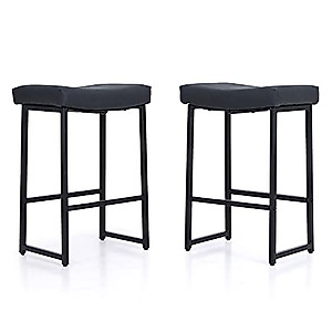 MAISON ARTS Black Bar Stools Set of 2 Counter Height 24 Inches Saddle Stools for Kitchen Counter Backless Modern Barstools Upholstered Faux Leather Stools Farmhouse Island Chairs, Black, 2pcs