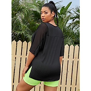 MakeMeChic Women's Plus Size Athletic Shirts Casual Letter Graphic Short Sleeve Round Neck Split Workout Sports Tee Tops Black B 4XL