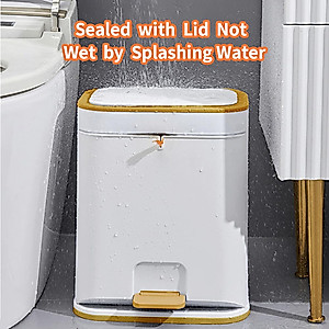 Bathroom Trash Can with Lid, Plastic 3 Gallon Garbage can with Press top Lid, Gold Step Pedal Trash can, Narrow White Trash bin for Kitchen, Bathroom, Bedroom, Living Room, Office, Dog Proof Trash Can