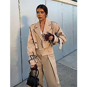 Faleave Womens Cropped Jacket Long Sleeve Belted Trench Coat Solid Color(Khaki-M)