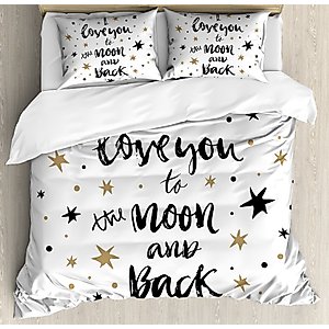 Ambesonne Saying Duvet Cover Set, Hand Drawn I Love You to The Moon and Back Words Stars Celebration Theme, Decorative 3 Piece Bedding Set with 2 Pillow Shams, Queen Size, Cocoa Black