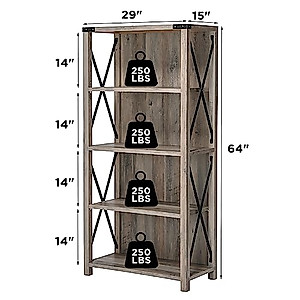 AMERLIFE 4-Tier Bookshelf, Set of 2 Tall Industrial Book Shelf, Rustic Wood & Metal X Frame Farmhouse Bookcase & Bookshelves, for Living Room, Bedroom, Grey Wash