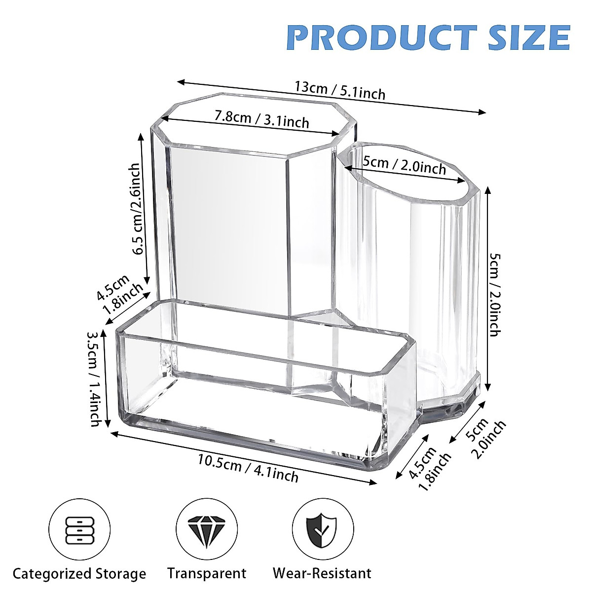 Clear Acrylic Pencil Pen Holder Cup, Desk Organizers and Accessories, Makeup Brush Holder 3 Compartments, Modern Minimalist Desktop Stationery Storage Organizer Cute for Office School Home Supplies