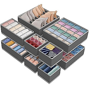 10 Pack Dresser Drawer Organizers for Clothing, Total 80 Cell Underwear Organizer Bra Sock Organizer for Drawer Divider Foldable Closet Organizers and Storage for Baby Clothes, Bras, Socks, Darkgrey