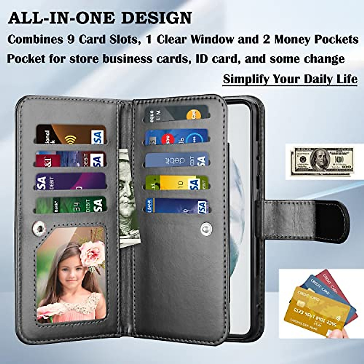 Takfox Galaxy S21 FE 5G Case, for Samsung S21 FE 5G Wallet Case PU Leather Flip Case Cover with Magnetic Closure [9 Card Slots] Card Holder Kickstand for Women Men Folio Detachable Phone Case-Black