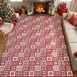WondRg Christmas Area Rug 8x10 Red Snowflake Checkered Decorative Living Room Bedroom Throw Rug Washable Non Slip Soft Low Pile Large Carpet for Kitchen Entryway Dining Room Home Decor