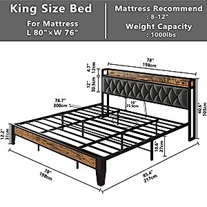 ANCTOR King Size Bed Frame, Storage Headboard with Outlets, Easy to Install, Sturdy and Stable, No Noise, No Box Springs Needed - Perfect for a Good Night's Sleep