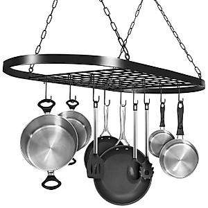 Sorbus® Pot and Pan Rack for Ceiling with Hooks — Decorative Oval Mounted Storage Rack — Multi-Purpose Organizer for Home, Restaurant, Kitchen Cookware, Utensils, Books, Household (Hanging Chrome)