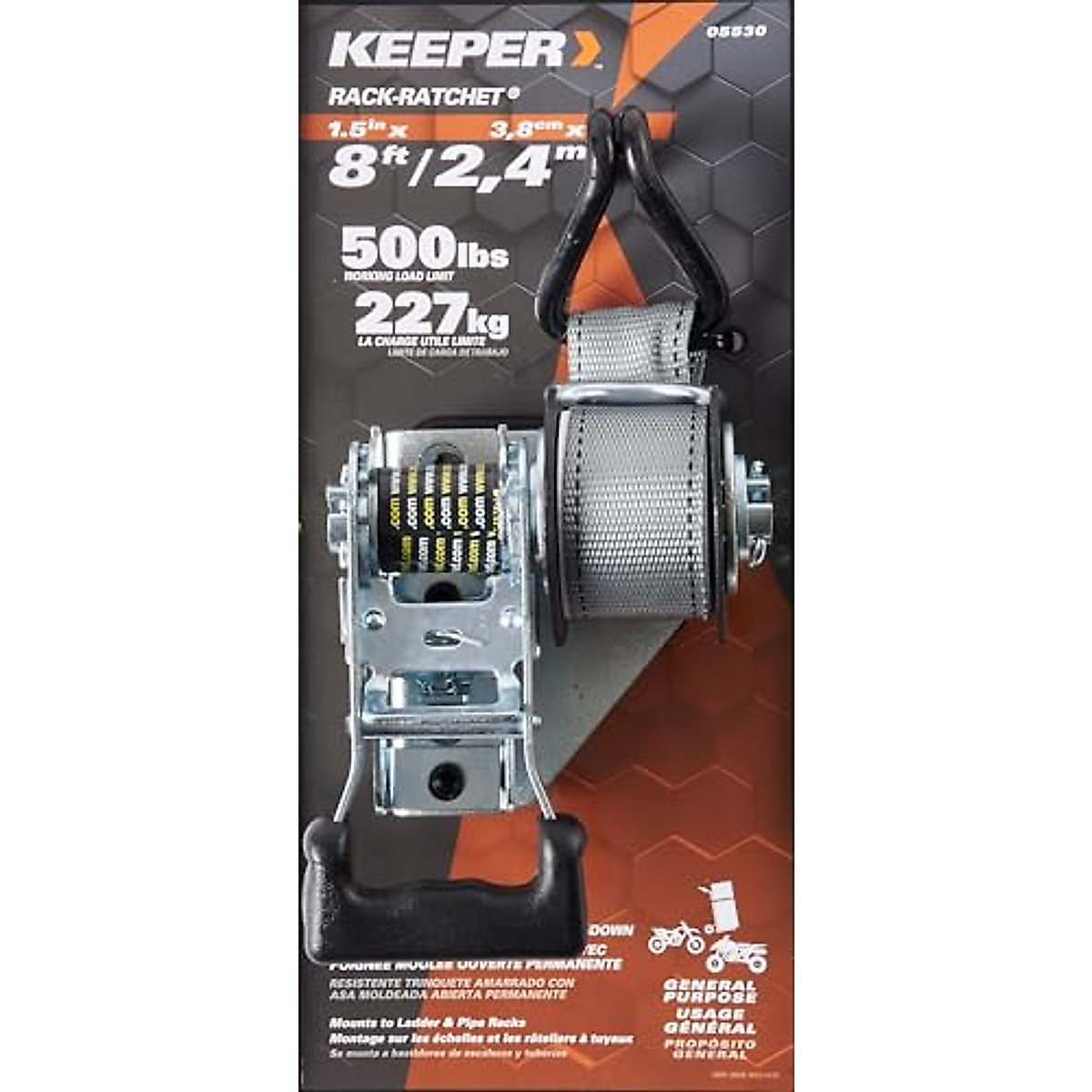 Keeper 05530-3 1-1/2" x 8’ Mountable Rack-Ratchet with 500 lbs. Working Load Limit and 1,500 lbs. Break Strength