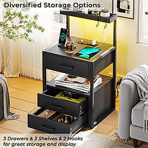 Nightstand with Charging Station and LED Lights, LED Night Stand with 2 USB Ports and 2 AC Outlets, Modern End Table with 3 Drawers, Bedside Table with Open Storage for Bedroom, Black