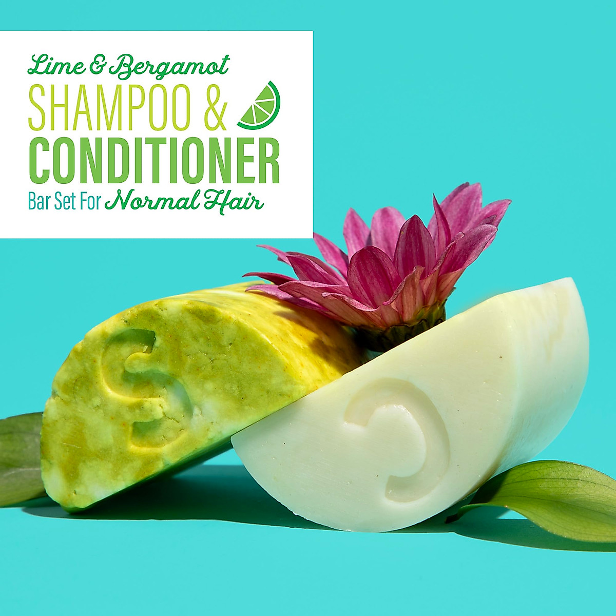 All Natural Solid Shampoo and Conditioner Bar Set - Lime & Bergamot Shampoo Bar and Conditioner Bar made with Gentle Coconut Surfactants, Argan Oil, Babassu Oil, Vegan Silk, Vitamin B5, Oat Proteins for Hair Health and Volume