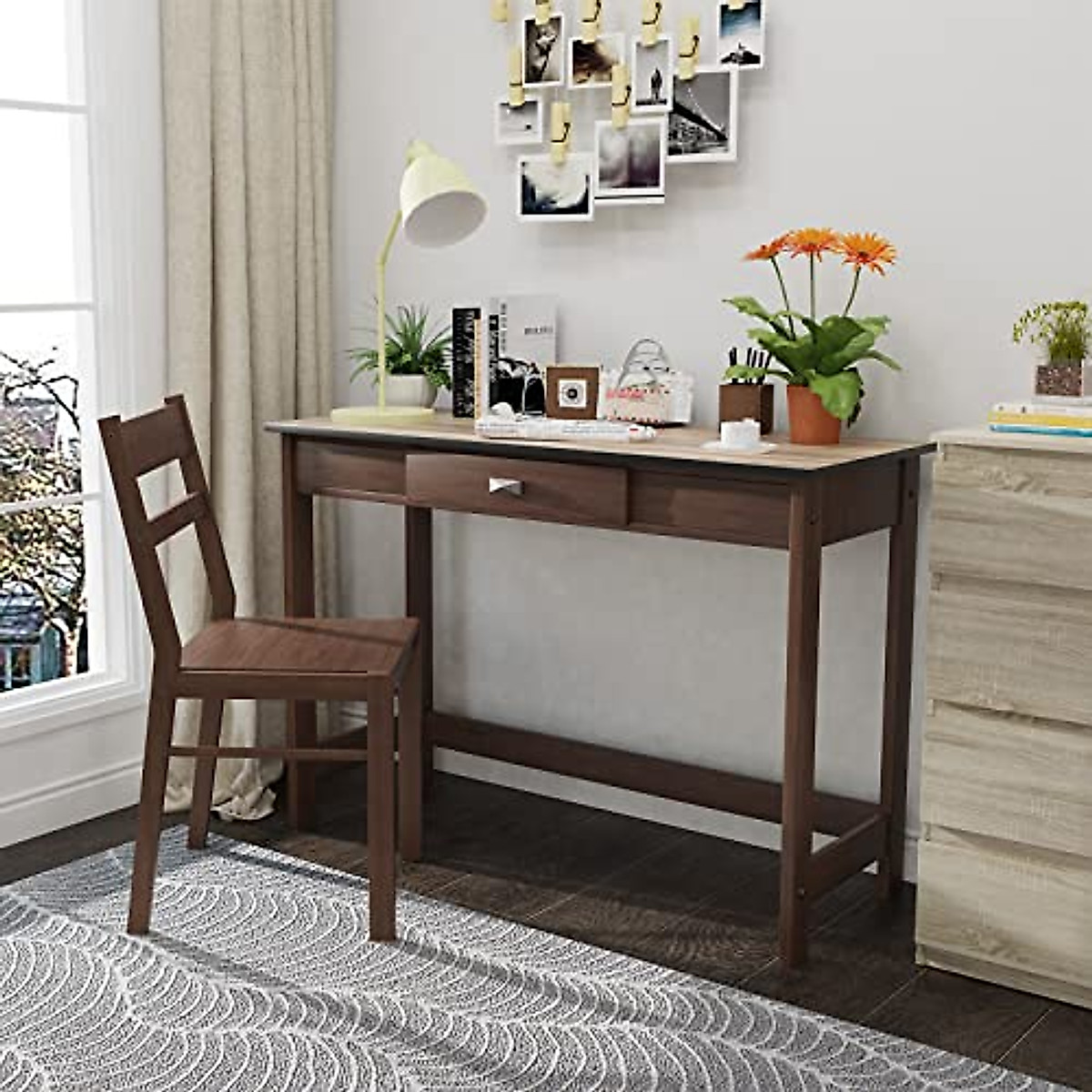 Tangkula Study Desk & Chair Set, Kids Learning Table with Drawer, Ergonomic Chair with Inclined Backrest, Students Computer Workstation with Solid Rubber Wood Feet, Teen Desk & Chair Set