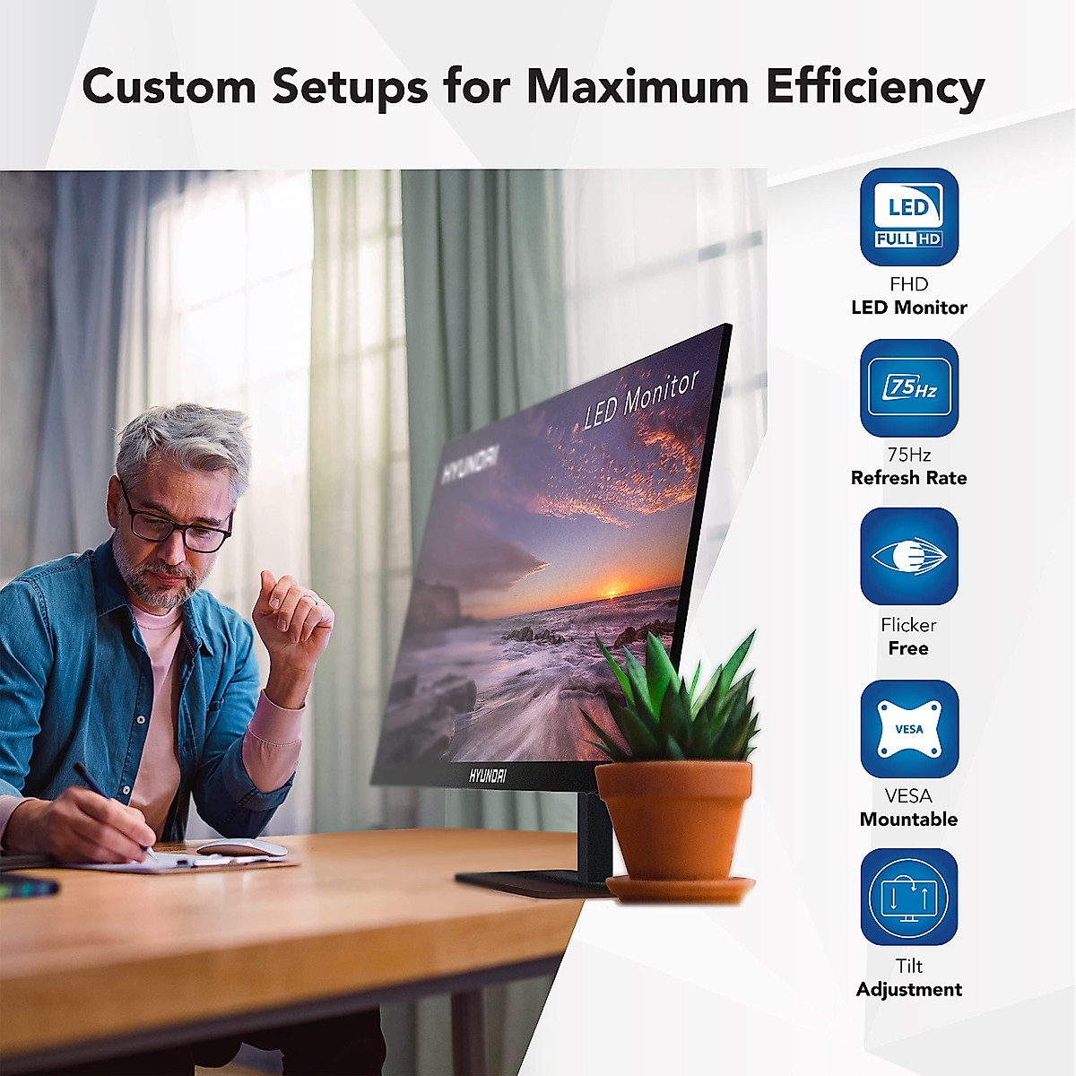 HYUNDAI 24 Inch Professional Thin LED Monitor - Full HD 1080p Resolution, HDMI & VGA Ports, 75Hz Refresh Rate VESA Mountable , Sleek Black Design for Home and Office (24FOM Series)