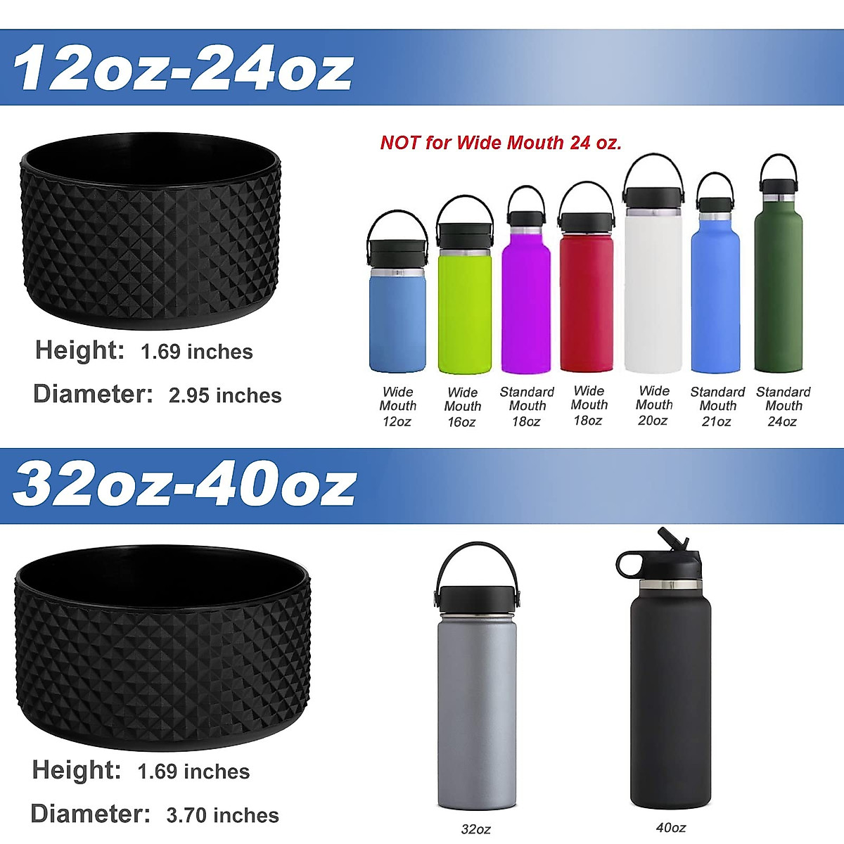 FLORAPELL Boot for Hydro Flask 12 16 18 20 21 24 32 40 oz Water Bottle, Silicone Hydroflask Boots Protective Bottom Sleeve Cover for Hydro Water Bottles (Black, Fits 32 oz and 40 oz Bottles)