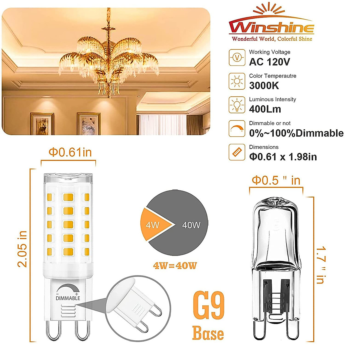 winshine 10 Pack Dimmable G9 LED Light Bulb 3000K Warm White, 4W G9 Base Chandelier Light Bulb Soft White, T4 40Watt Halogen Replacement G9 Bi Pin Base, CRI85 120V 360° Beam Angle