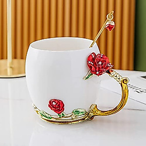 Ceramic Coffee Cup, 3D Flower Cup Tea Mug with Spoon,Enamel Rose Flower Mugs for Women ,Birthday Christmas Gifts