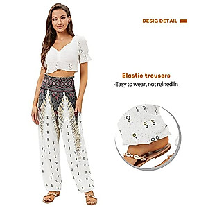 QIANXIZHAN Women's Harem Pants, High Waist Yoga Boho Trousers with Pockets White M