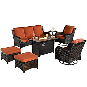 XIZZI Patio Furniture Set with 42" Fire Pit Table,7 Pieces All Weather Wicker Outdoor Furniture with Swivel Rocking Chairs,Patio Conversation Set Sofa for Deck,Backyard,Garden (Brown/Orange Red)