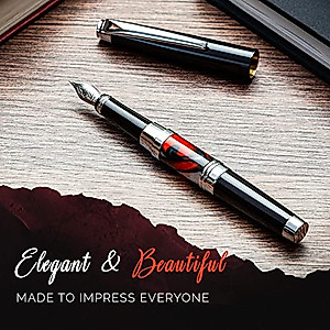 ZenZoi Black Fountain Pen Fine Nib - Beautiful Luxury Pen For Men Or Women With German Schmidt Nib, Converter, 2 Ink Refills (Blue & Black) & Pen Gift Box. Nice, Executive Pens For Smooth Writing
