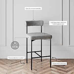Nathan James Dahlia Counter Height Chair, Modern Barstool with Back, Mid-Century Metal Legs and Padded Cushion for Kitchen, Island and Bars, Light Grey/Black