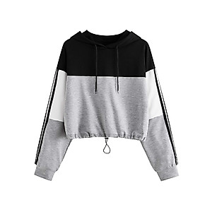 SweatyRocks Women's Casual Long Sleeve Colorblock Pullover Hoodie Sweatshirt Crop Top Black Grey X-Small