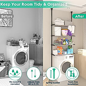 Lilyvane 4 Tiers Over The Toilet Storage, 97 to116” Adjustable Tension Pole Over Toilet Bathroom Organizer, Freestanding Bathroom Shelves Over Toilet for Most Showers Over The Toilet Shelf, Black