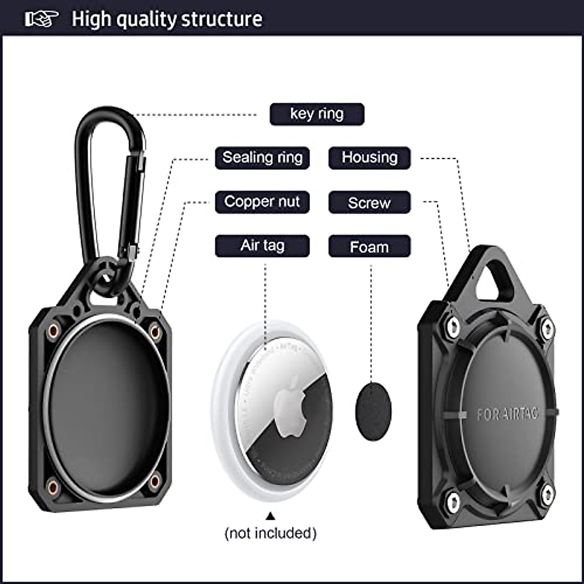 HBT Waterproof Airtag Holder/AirTag Keychain Case, Fully Enclosed, Durable, Secure Protector for AirTag with Key Ring (1pack)