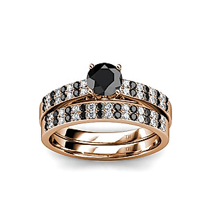 Black & White Natural Diamond Double Row Bridal Set Ring & Wedding Band 1.70 ctw 14K Rose Gold.size 9.0