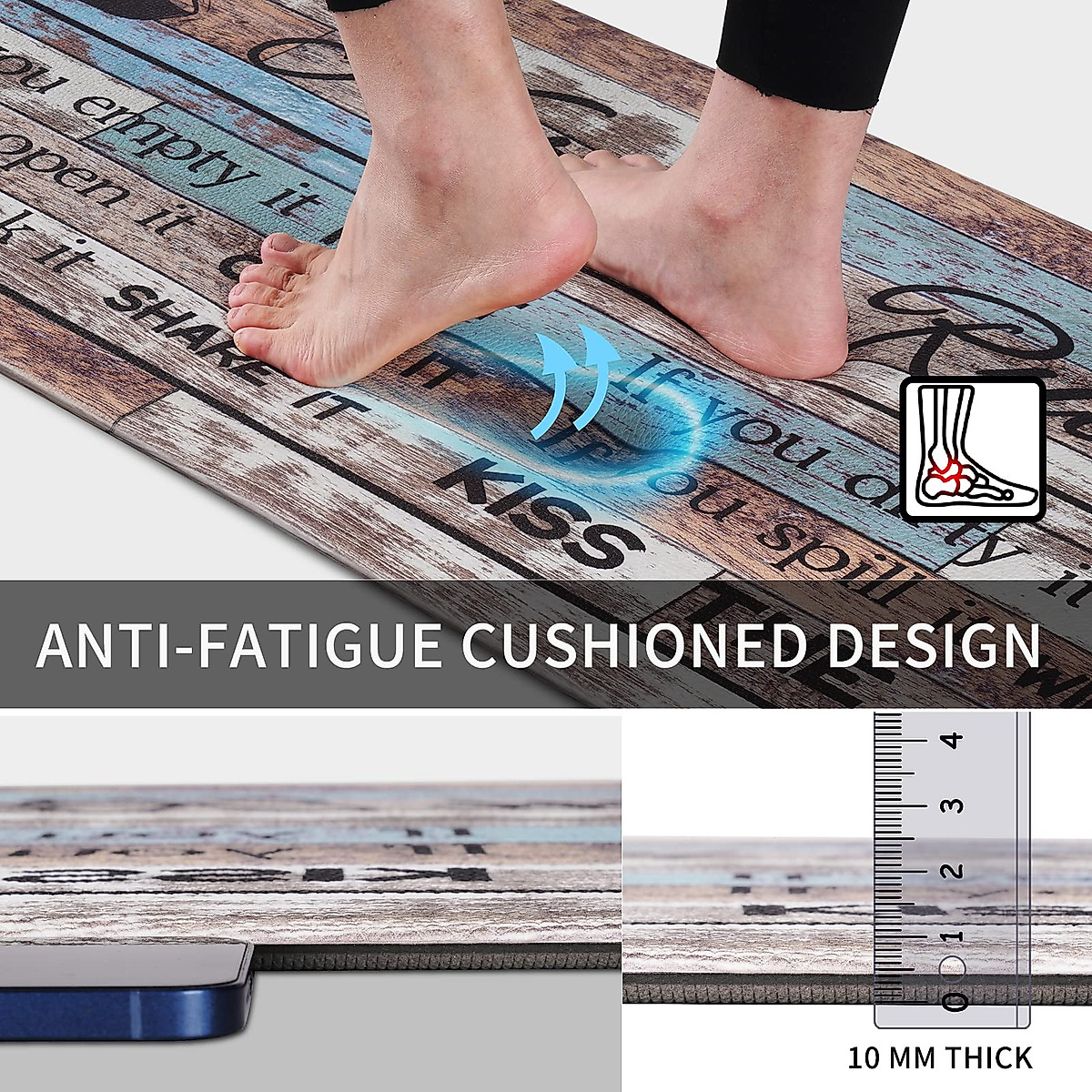 ASPMIZ Farmhouse Kitchen Rugs 2 Piece Anti Fatigue Kitchen Mats for Floor, PVC Memory Foam Kitchen Rug Waterproof, Non Slip Cushioned Comfort Mat for Standing, 18'' x 48'' + 18'' x 30'', Rustic Wooden