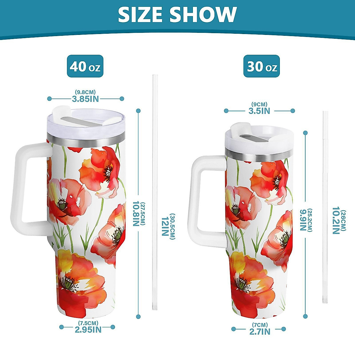 FENOCHE Poppy Flower Floral 30 oz Tumbler Insulated Cups Stainless Steel Water Bottle with Handle Lid and Straw Tumblers for Car Cup Holder