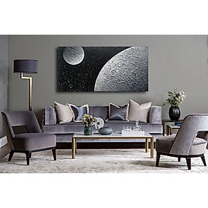 Landswaydecor Black and Grey Wall Art Moon Surface Canvas Oil Painting Home Decor Hand Painted Modern Textured 3D Artwork for Bedroom Living Room