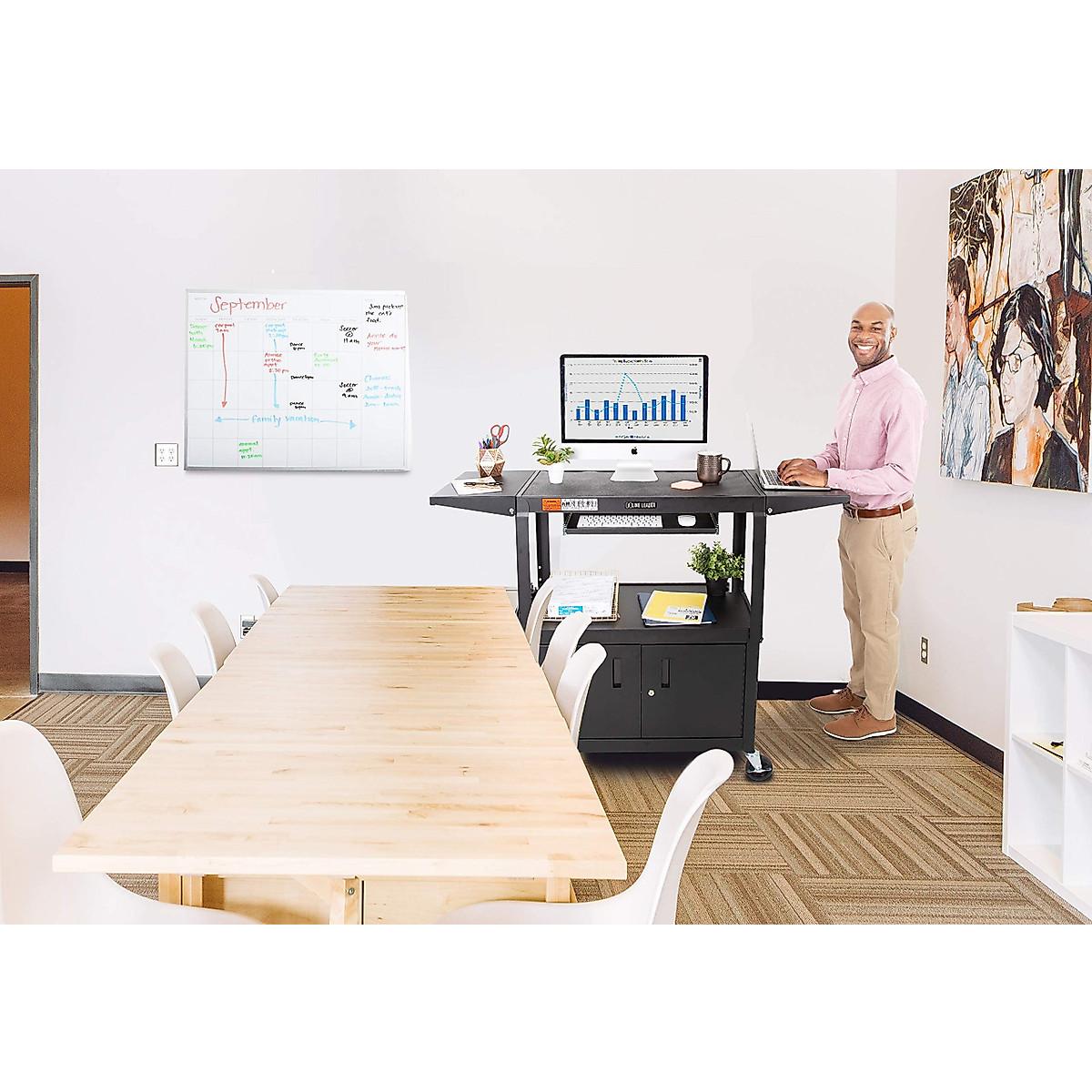 Line Leader Large AV Cart with Locking Cabinet & Drop Leaves, Rolling Height Adjustable Utility Cart with Pullout Laptop Keyboard Tray & Cord Management, Narrow Mobile Workstation (Black, 54 x 18)