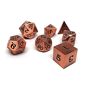 Legendary Copper Metal Polyhedral Dice Set with Black Signature Font - 7 Piece Collection