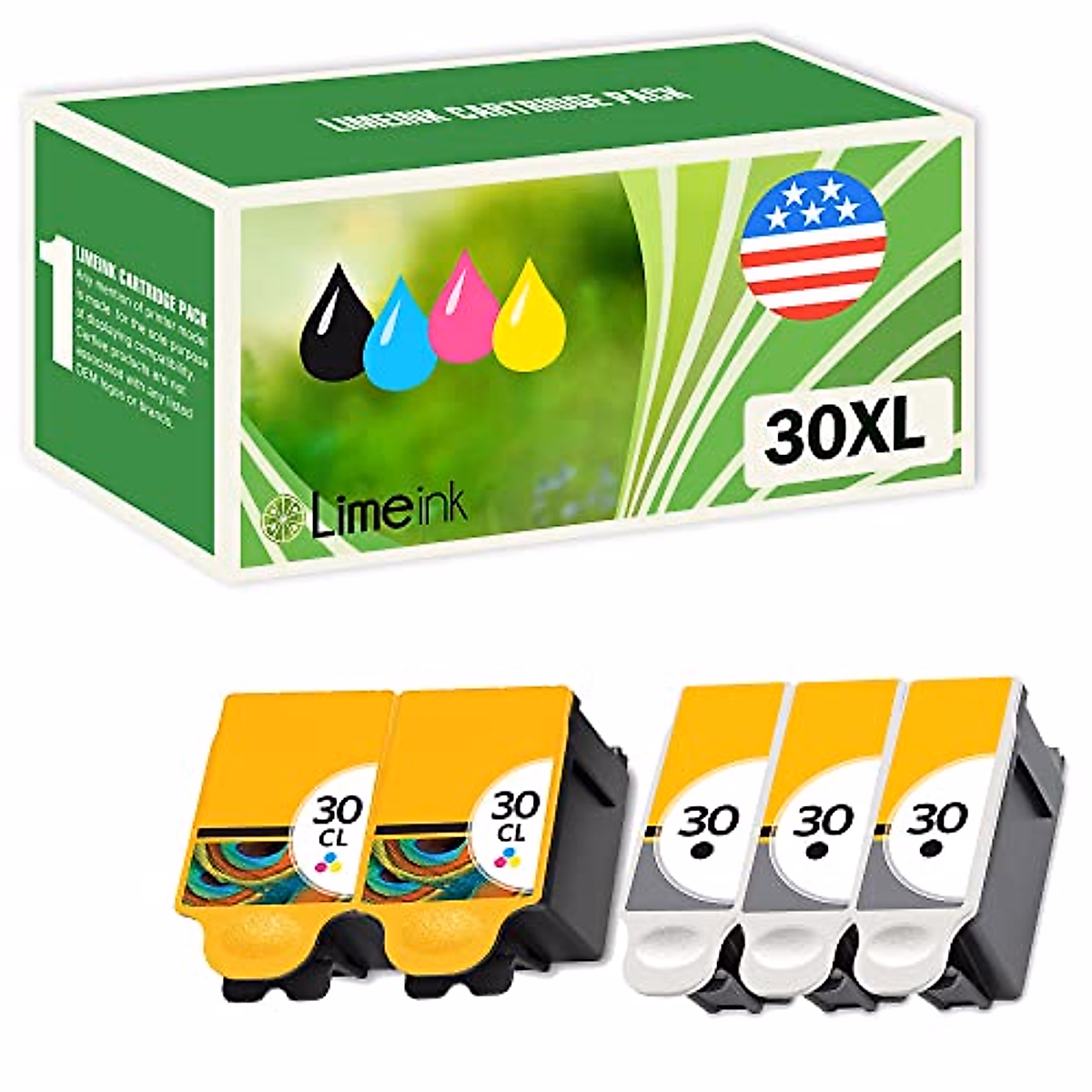 Limeink© 5 Pack Remanufactured 30XL Ink Cartridges (3 Black, 2 Color) Use Replacement for ESP: 3.2, C110, C310, C315, Office 2150, Office 2170, Hero 3.1 Hero 5.1 Series Printers 1550532 1341080
