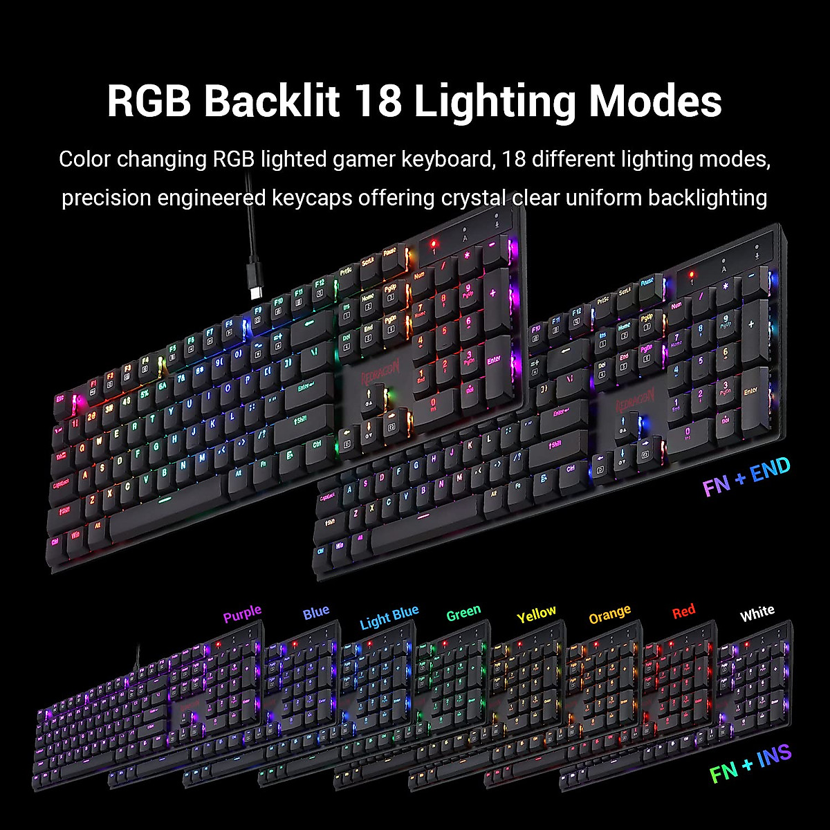 Redragon Mechanical Gaming Keyboard RGB LED Backlit Low Profile Wired Macro 96 Keys Red Switches, for Windows Gaming PC, Black