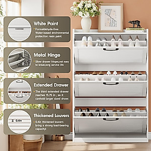 Maupvit Shoe Storage Cabinet with 3 Flip Louvered Doors, Freestanding Organizer with Metal Hinges, Shoe Cabinet for Entryway, Narrow Shoe Rack Cabinet, White