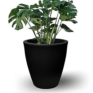 Elly Décor 12 inch Planter for Garden with Drainage, Large Round, Lightweight & Extremely Durable, Deck Indoor/Outdoor Plastic Pot, 12"x12"x7", Black