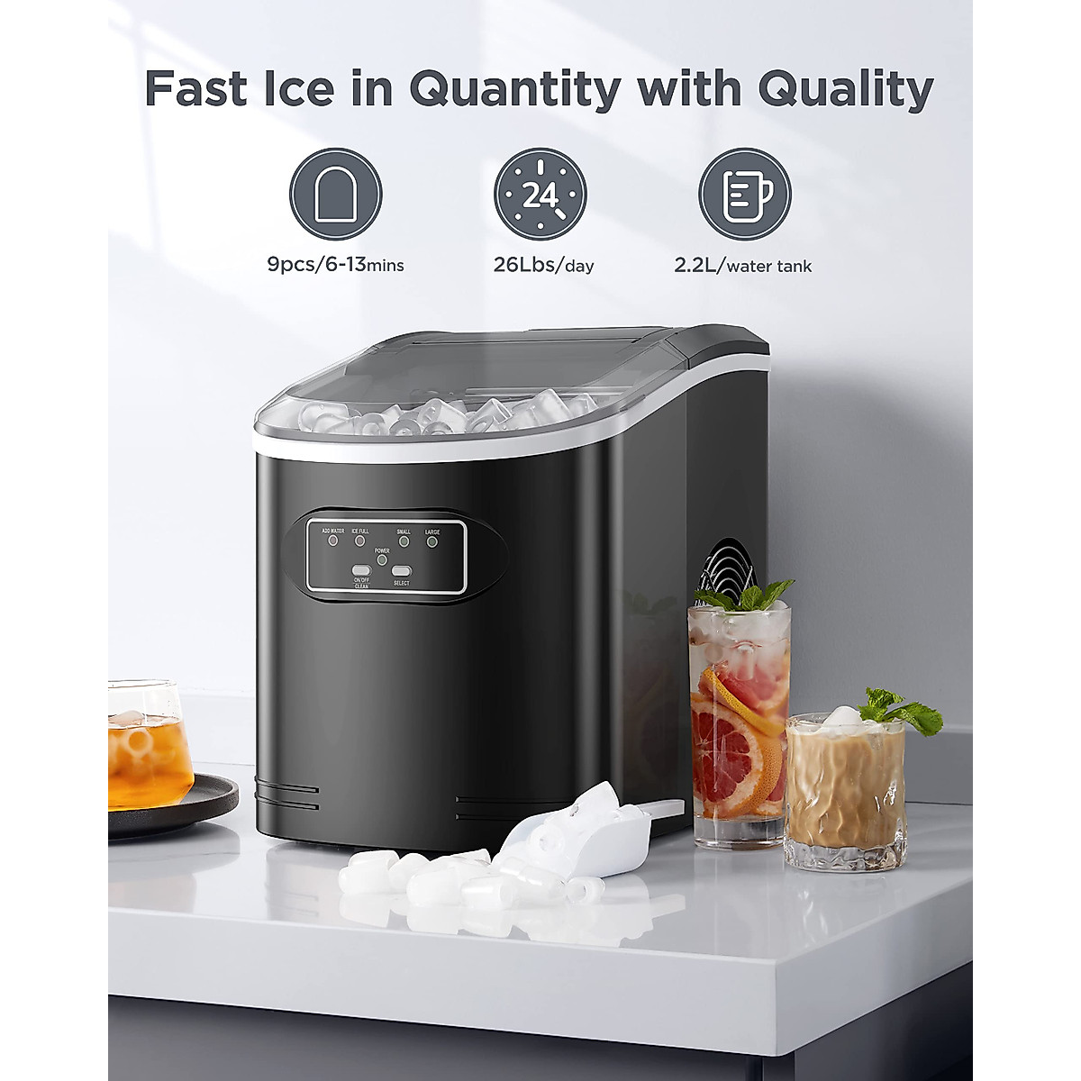 Silonn Ice Maker Machine Countertop, 26 lbs in 24 Hours, 9 Cubes Ready in 6 Mins, Self-Clean Compact Portable Ice Maker with Ice Scoop and Basket, Black (SLIM07)