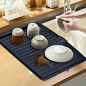 SWEETBIUTI Dish Drain Board Tilt PP Dish Drainer Quick Dry Dish Drain Board with Drain Port Dish Drying Rack Multipurpose for Kitchen Counter, Black 15.75x10.43x1.18in.