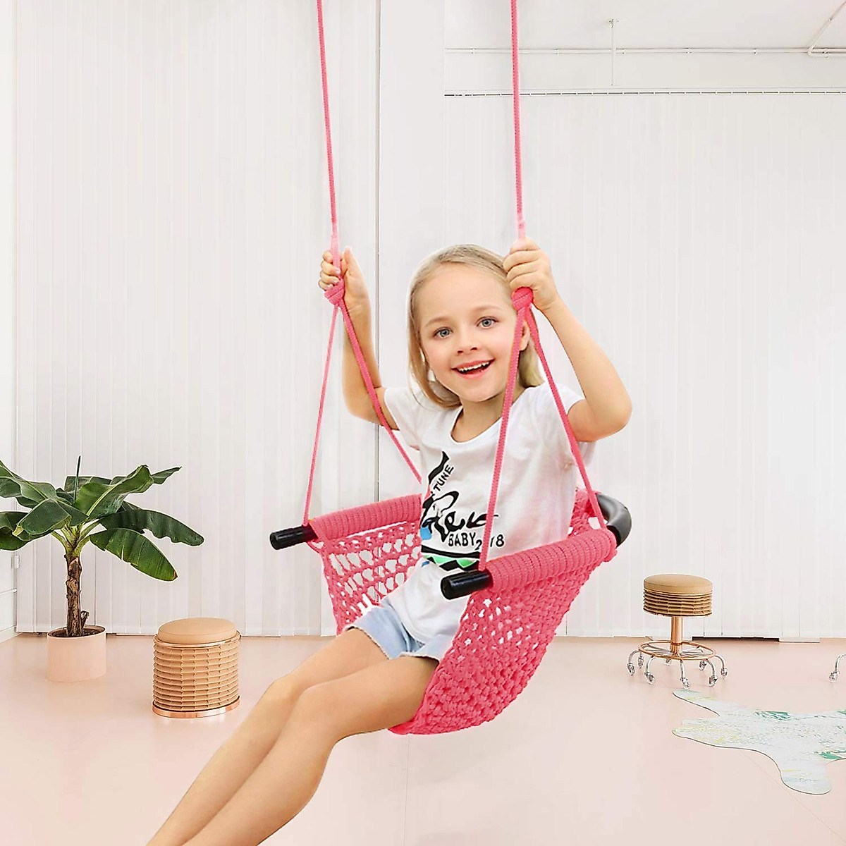 JKsmart Swing Seat for Kids Heavy Duty Rope Play Secure Children Swing Set,Perfect for Indoor,Outdoor,Playground,Home,Tree,with Snap Hooks and Swing Straps,440 lbs Capacity,Pink