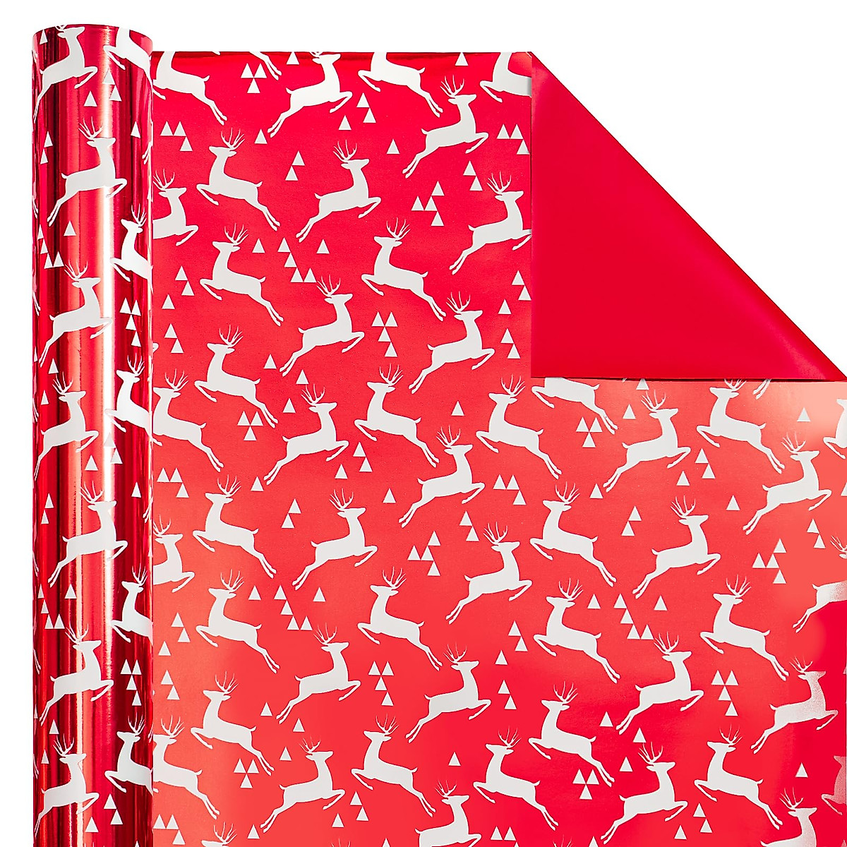 WRAPAHOLIC Reversible Christmas Wrapping Paper - Mini Roll - 17 Inch X 33 Feet - Red Reindeer and Solid Red Design with Metallic Foil Shine for Chrsitmas, Holiday, Party Celebration