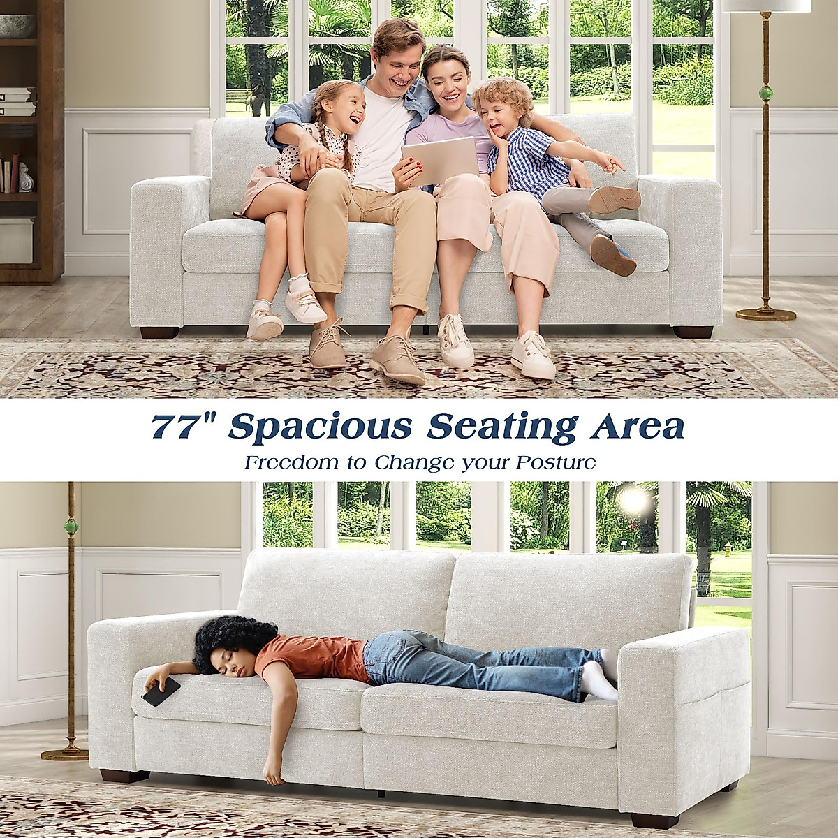 WorthFurni 89 Inch Sofa Couch, Modern 3 Seater Couch with Removable Covers and USB Ports, Large Chenille Comfy Sofa for Living Room, Oversized Loveseat Sofa for Apartment (Beige)