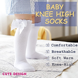 Marchare Baby Girls Knee High Socks Baby Girls Bow Stockings Cotton Uniform Stockings Dress Socks 3 Pack,White 0-3 months